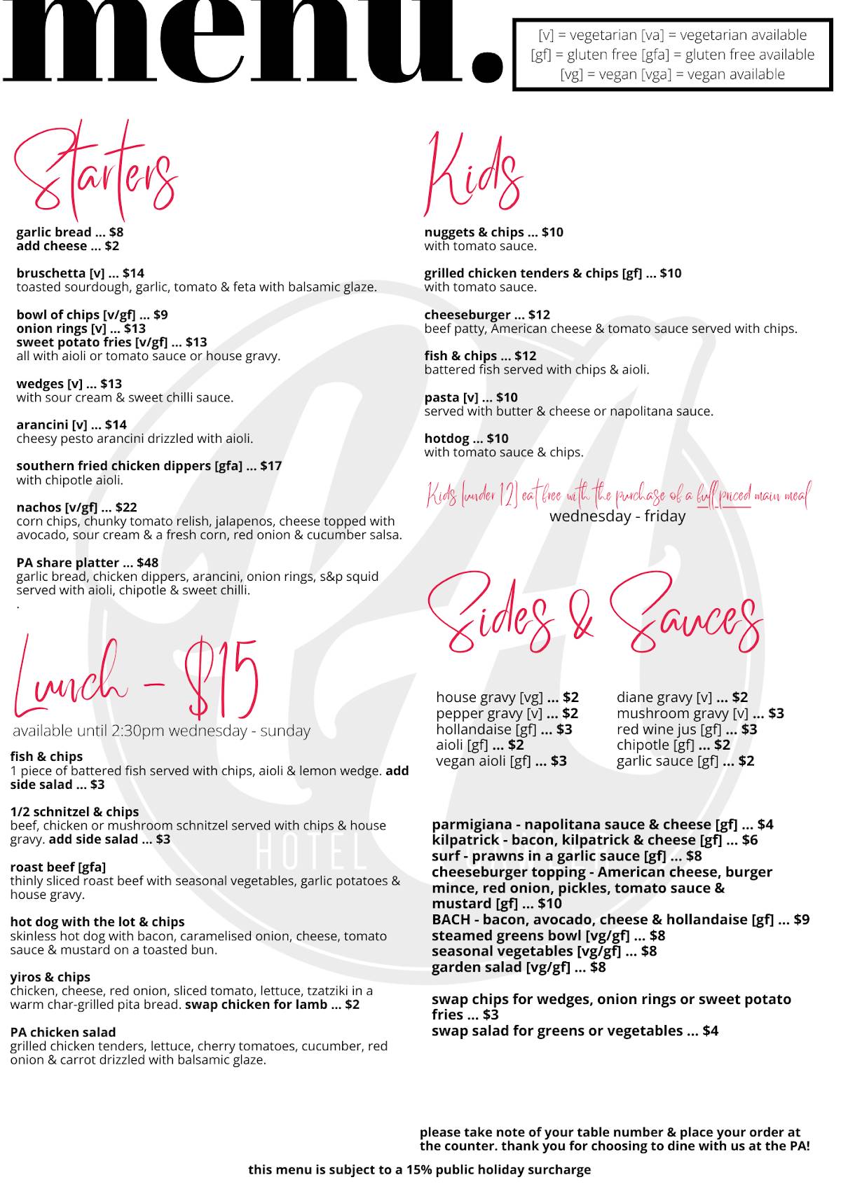 Menu at Prince Albert Hotel pub & bar, Gawler