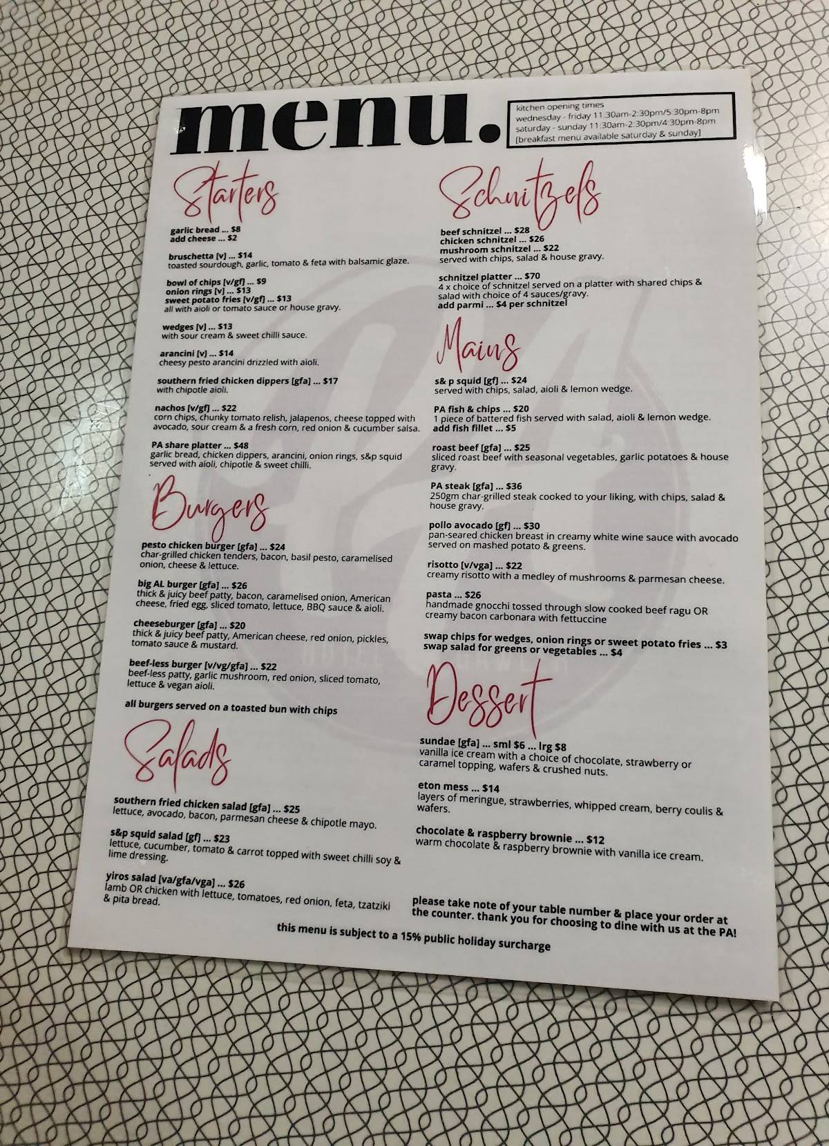 Menu at Prince Albert Hotel pub & bar, Gawler