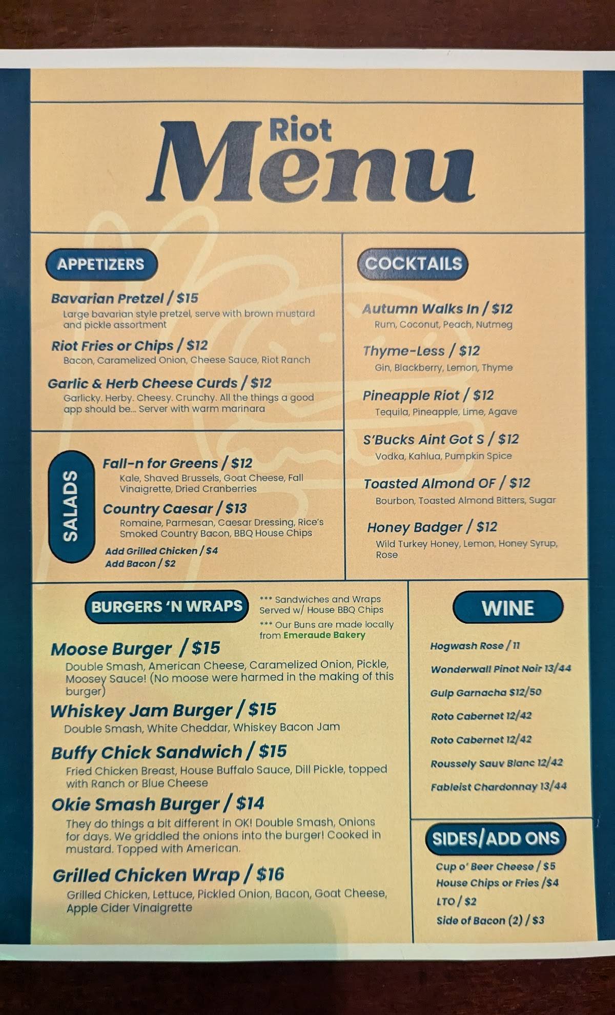 Menu at Prost & Riot restaurant, Mount Juliet