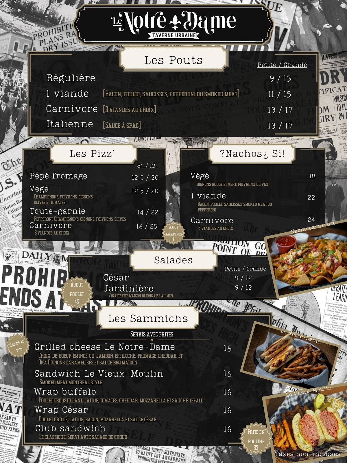 Menu at Pub Le Notre-Dame, Gatineau