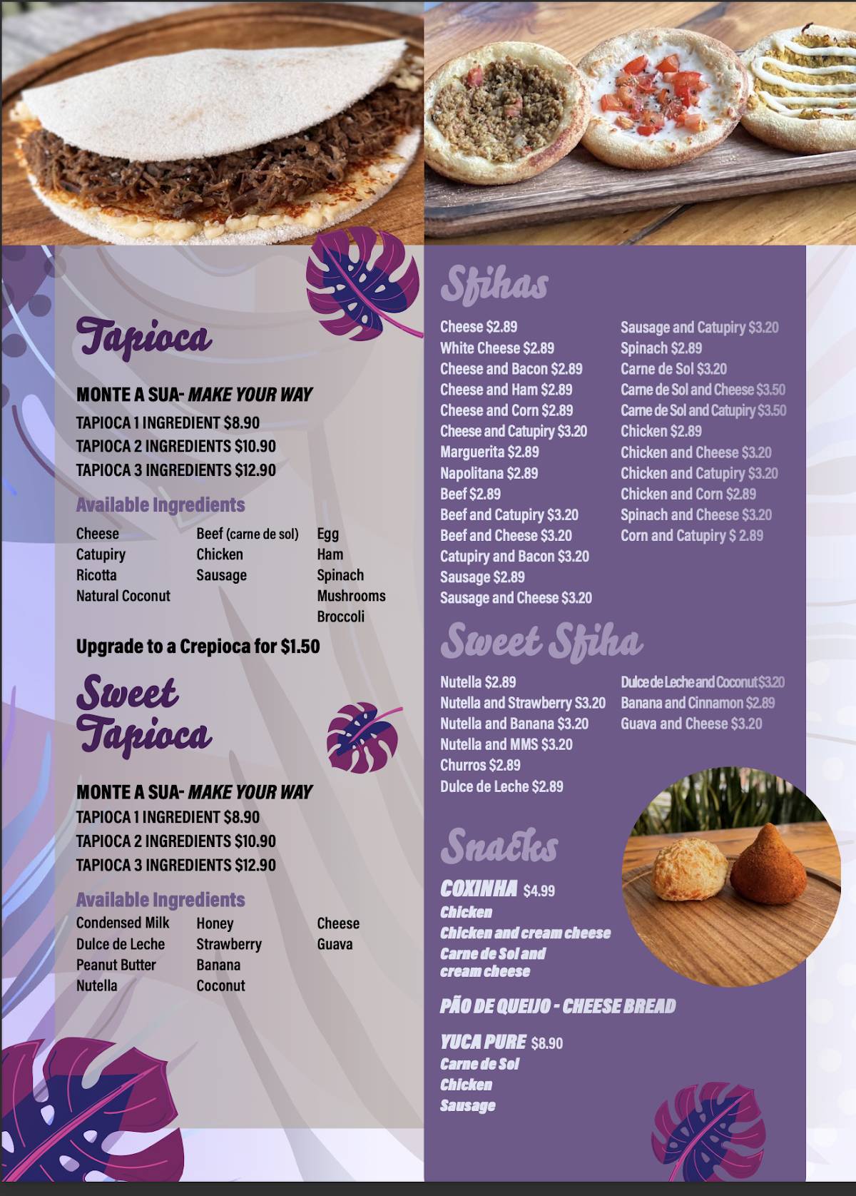 Menu at Açaí com Tapioca Boca Raton restaurant, Boca Raton