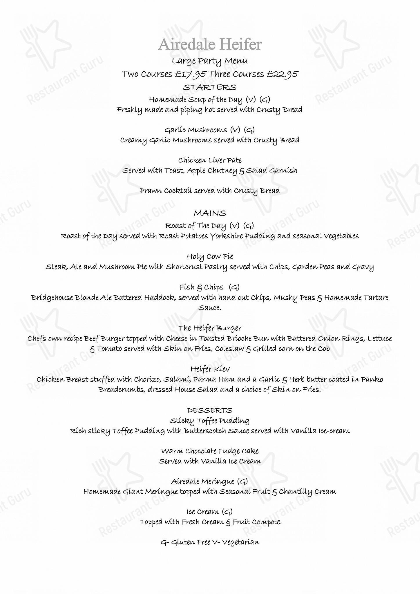 Menu at Airedale Heifer pub & bar, Keighley, Bradford Road