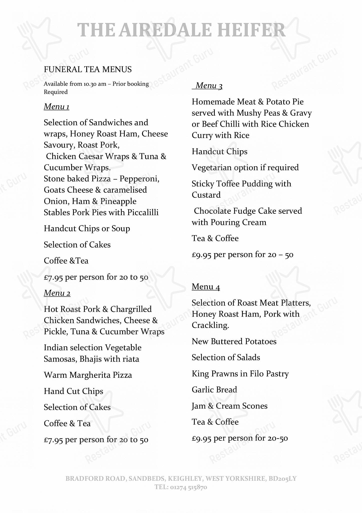 Menu at Airedale Heifer pub & bar, Keighley, Bradford Road