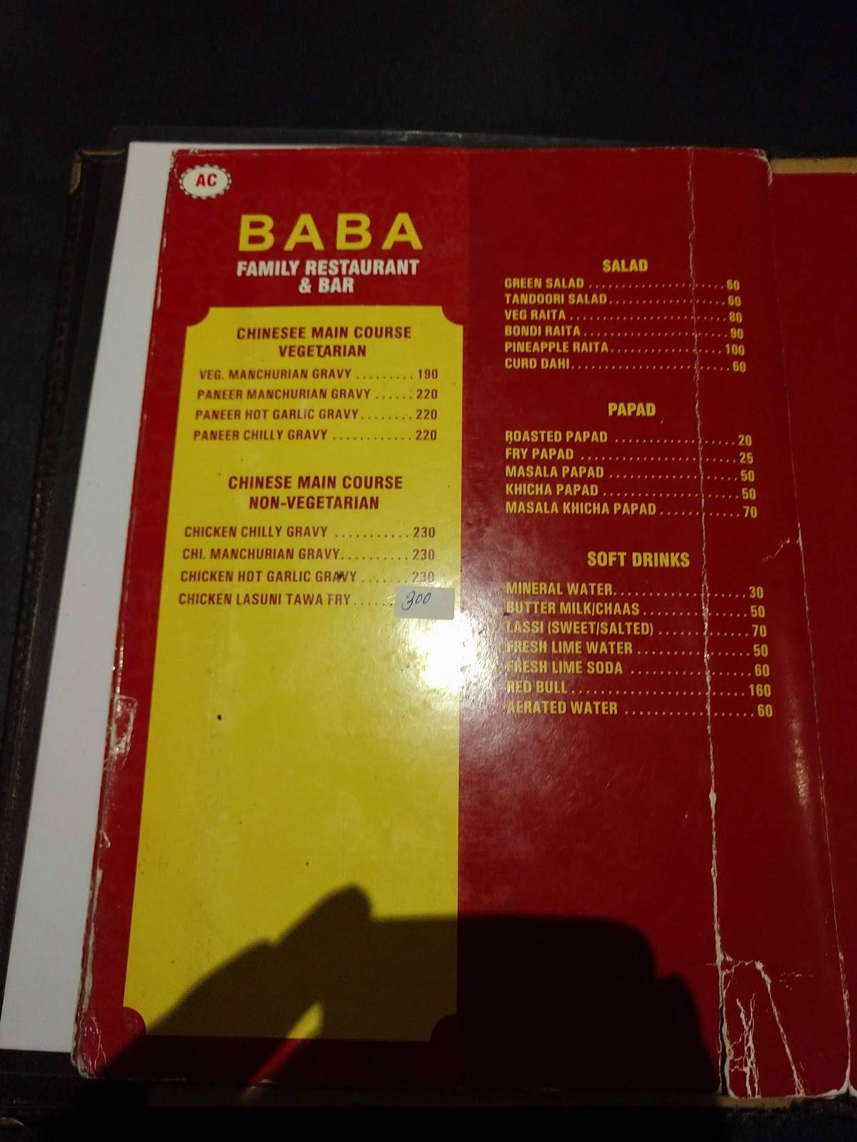 Menu at Baba Dining Bar, Mumbai