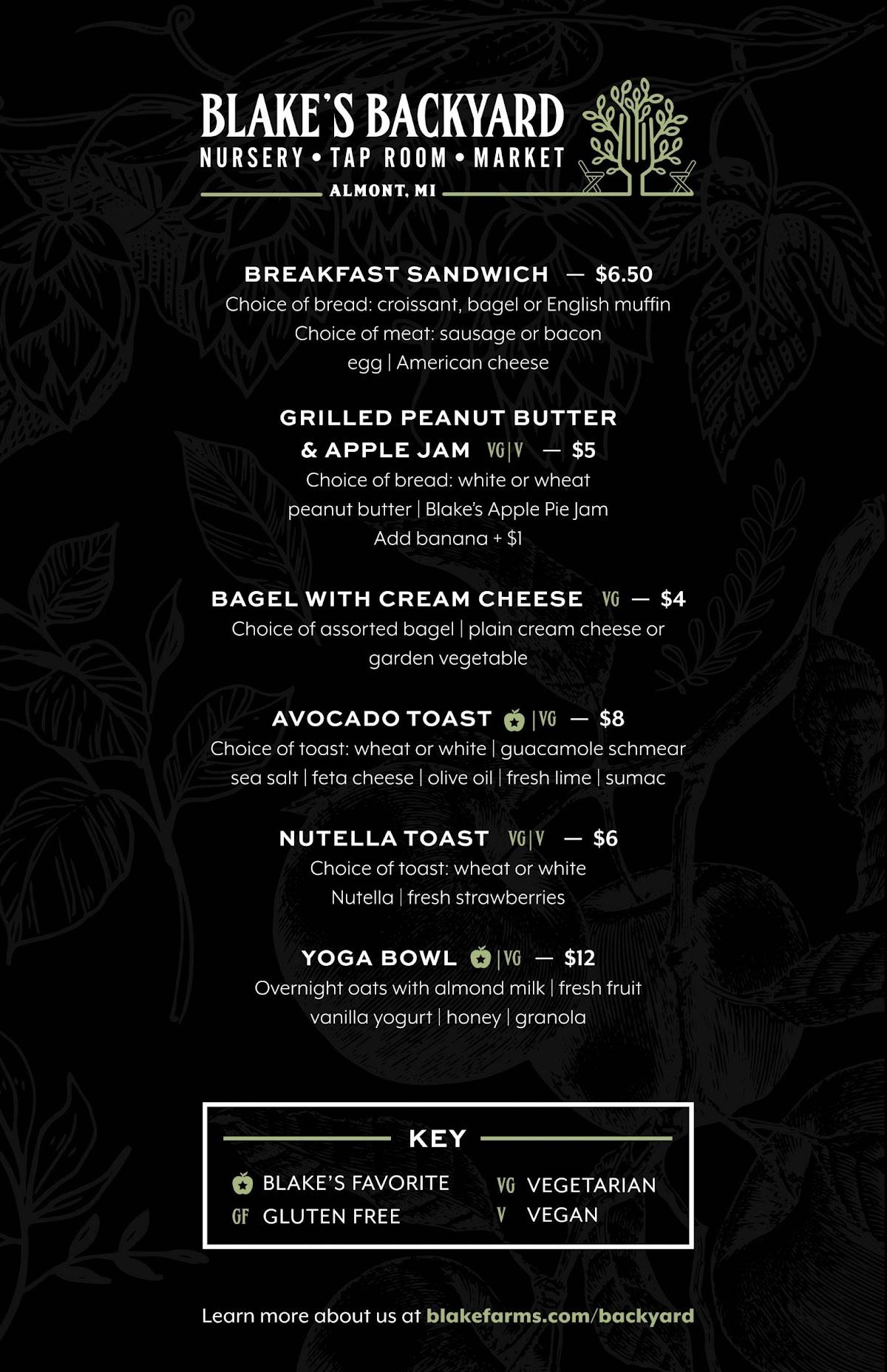 Menu at Blake's Backyard restaurant, Almont