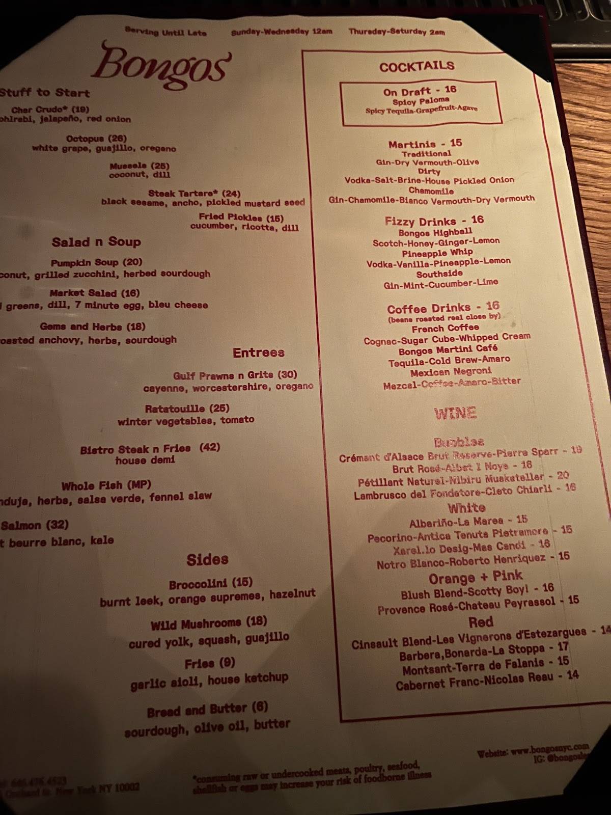 Menu at Bongos pub & bar, New York City, 85 Orchard St