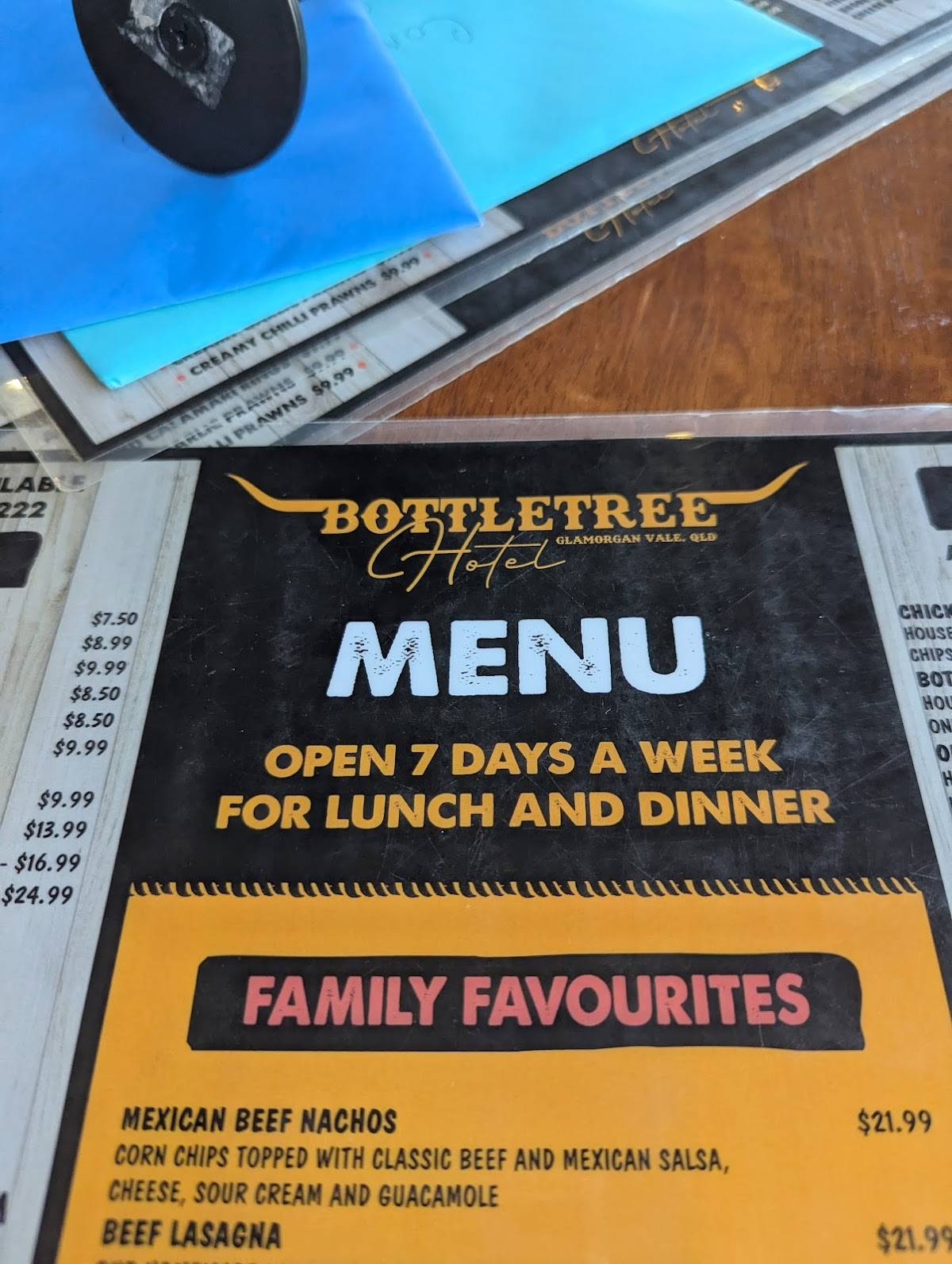 Menu at Bottletree Hotel pub & bar, Australia