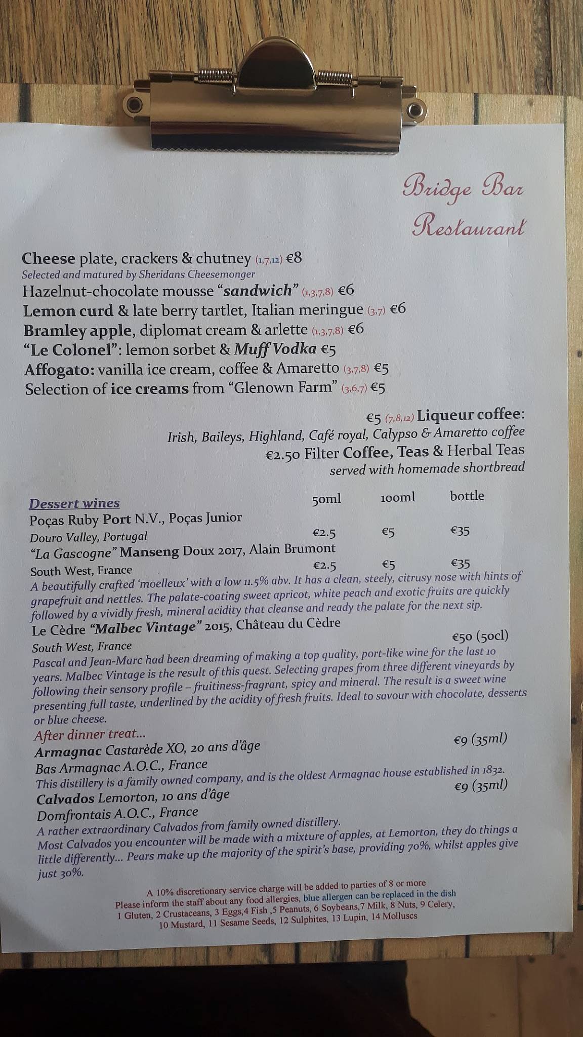 Menu at Bridge Bar Restaurant, Ramelton