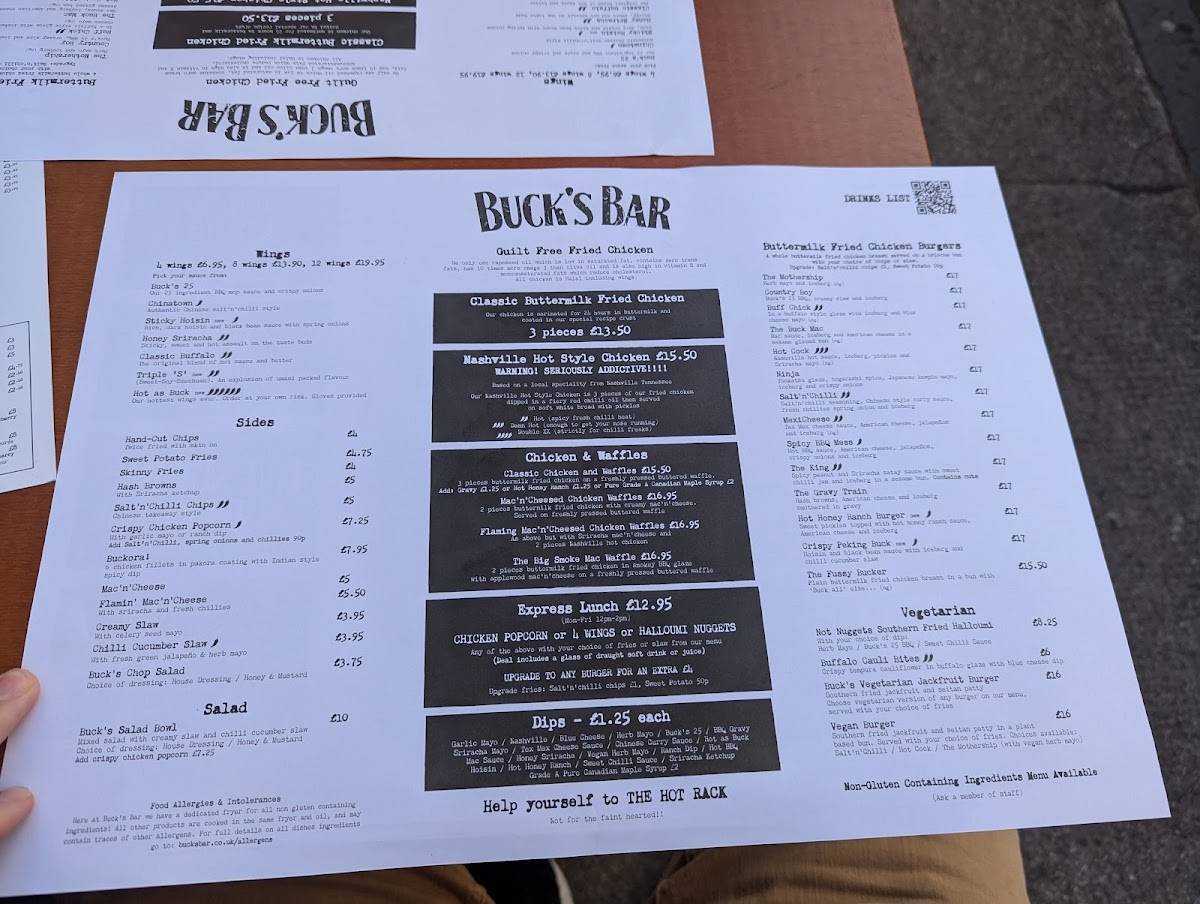 Menu at Buck's Bar, Glasgow