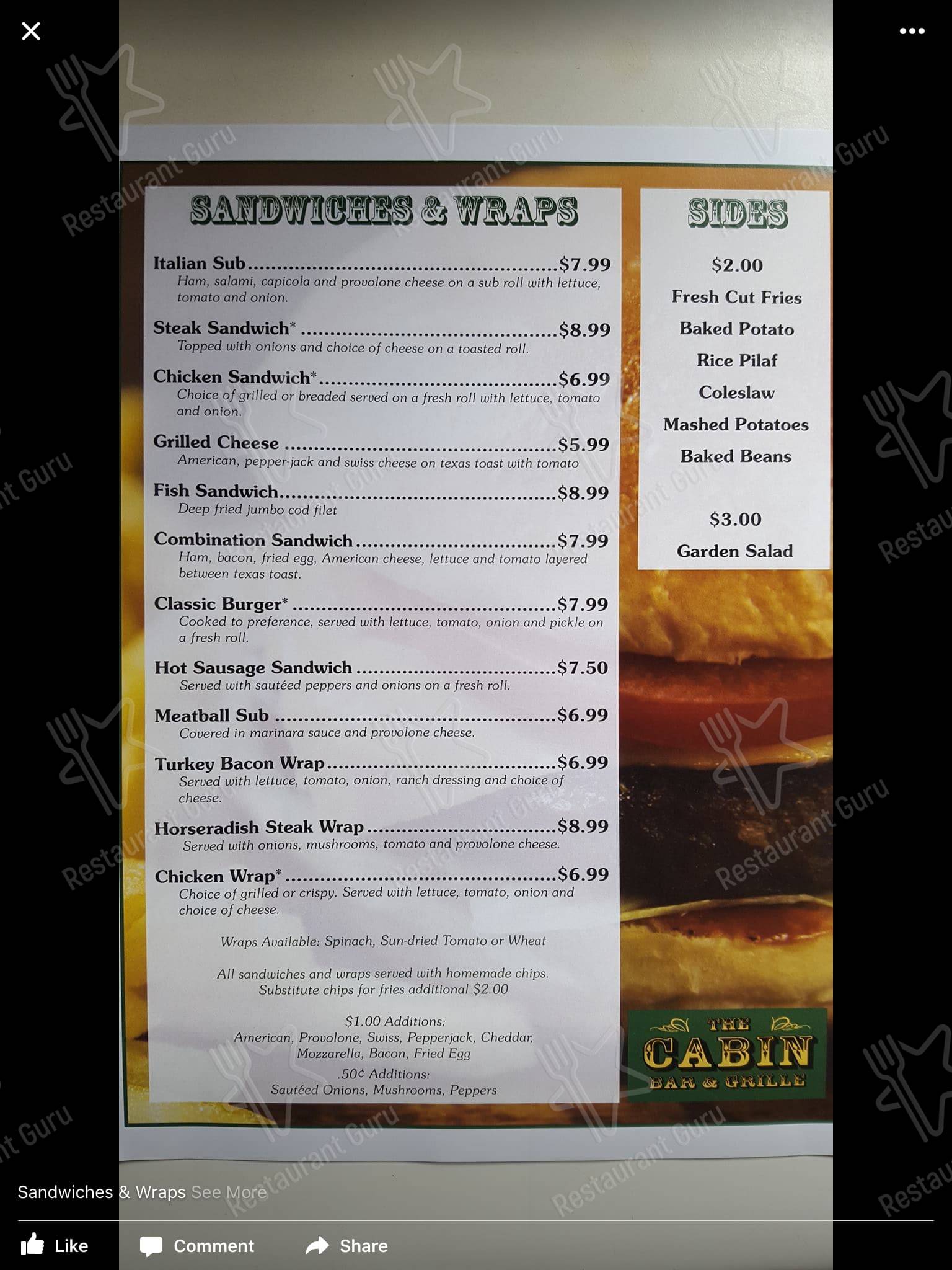 Menu at The Cabin Bar N Grille, Hunker