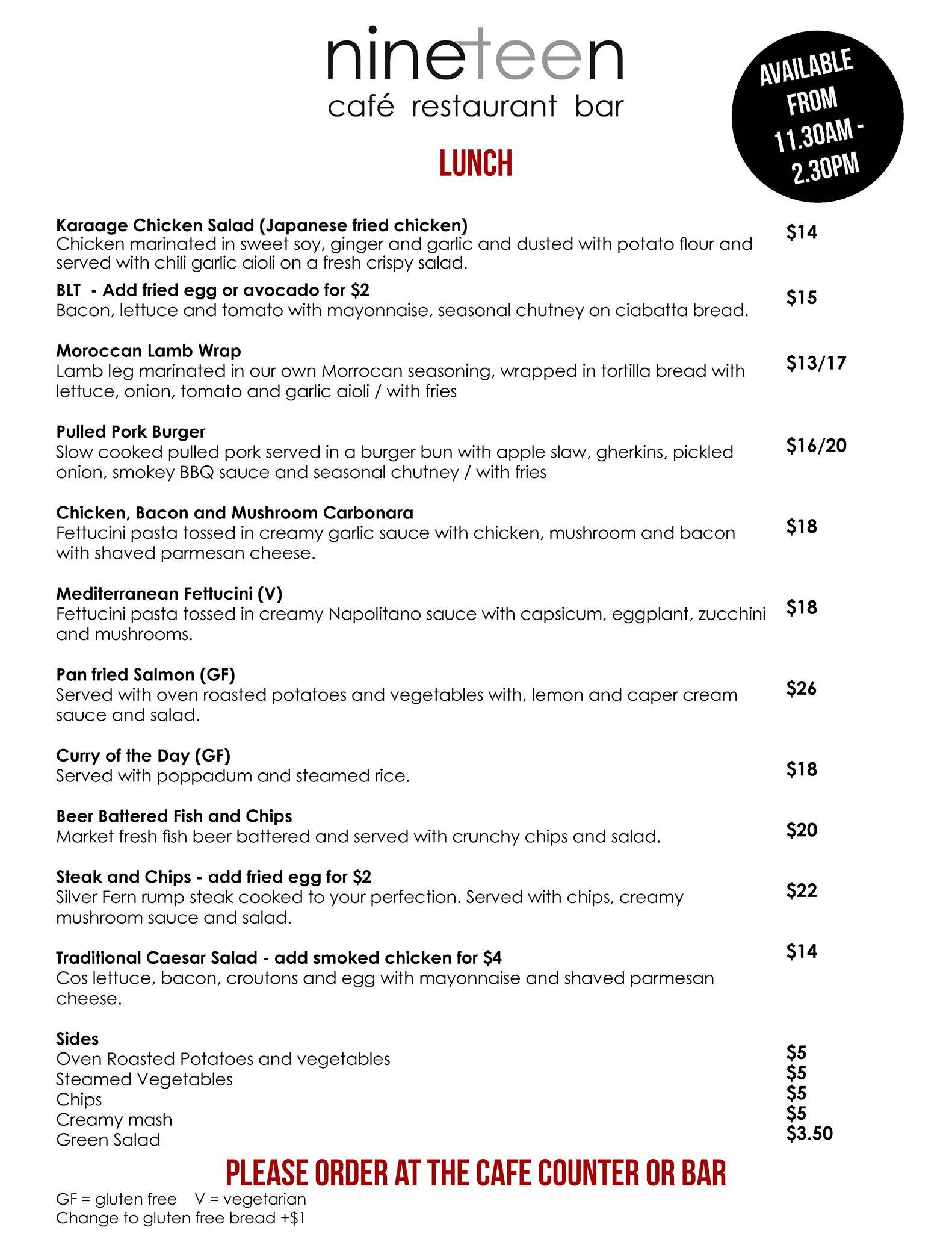 Menu at Cafe Nineteen, Katikati
