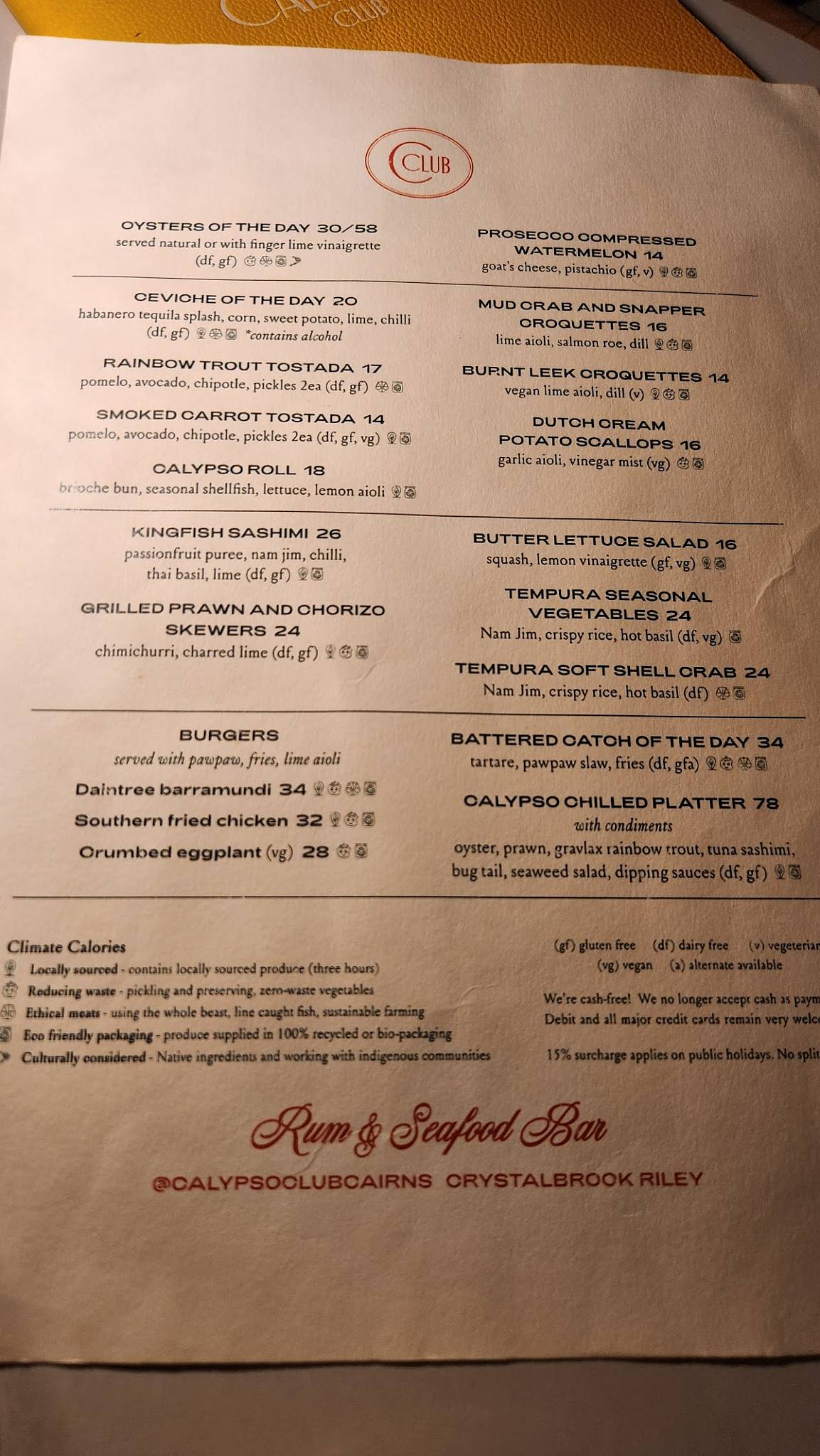Menu at Calypso Club, Cairns City