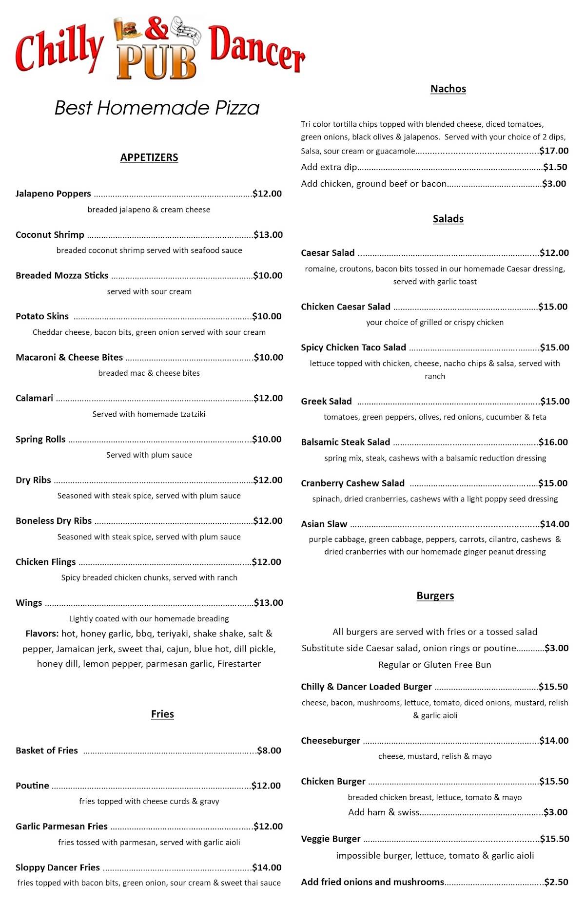 Menu at Chilly & Dancer Pub, Kitimat