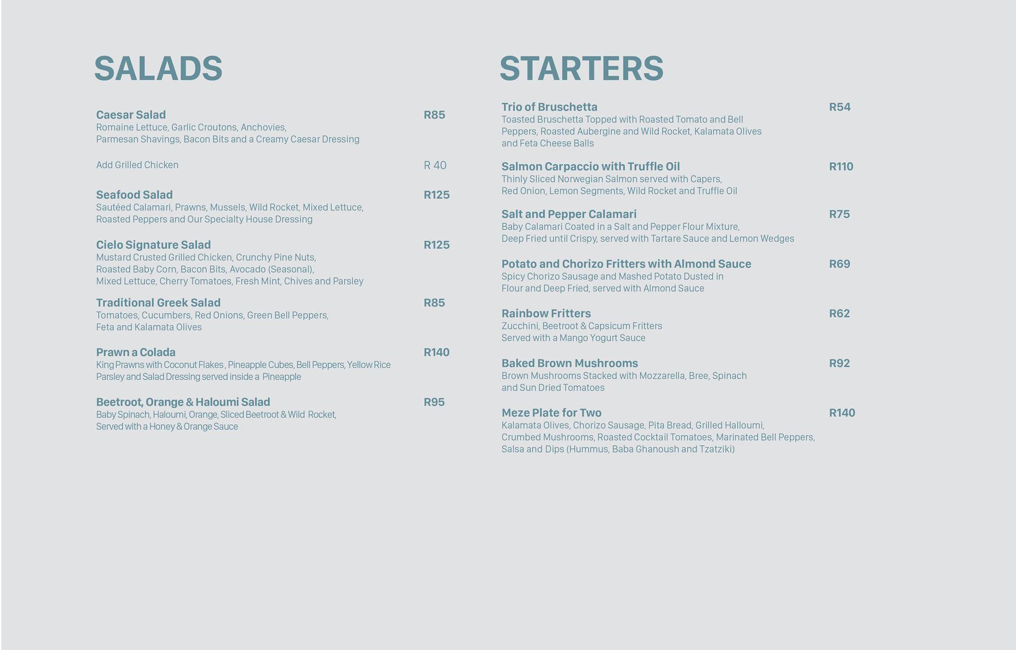 Menu at Cielo Restaurant, Benoni