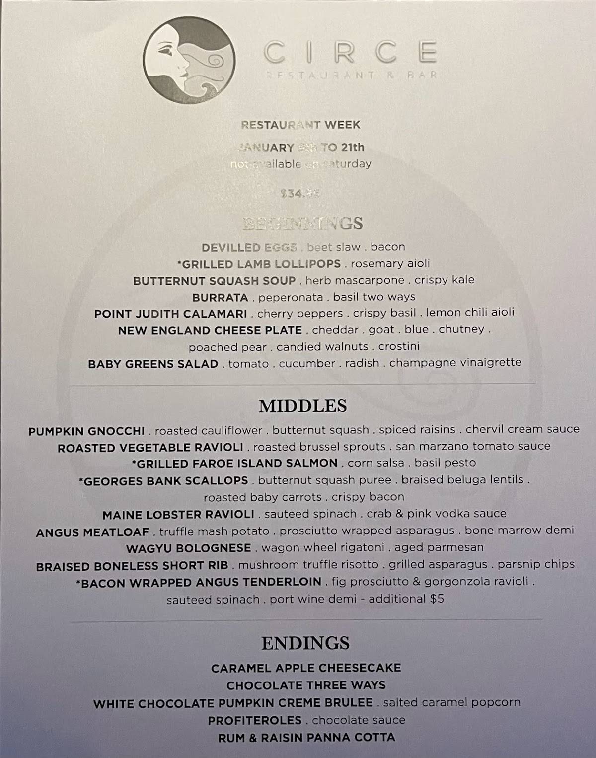 Menu at Circe Restaurant & Bar - Providence, Providence