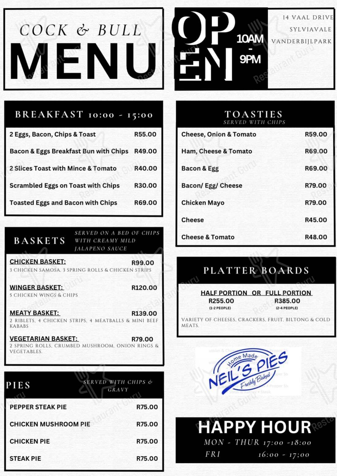Menu at Cock & Bull Pub and Grill, Vanderbijlpark