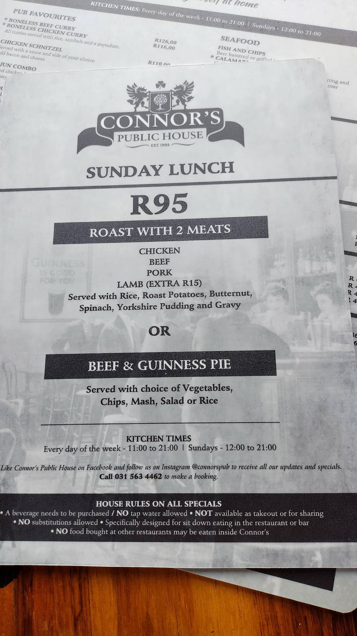 Menu at Connors Public House, Durban, 46 Ashley Avenue First Floor ...