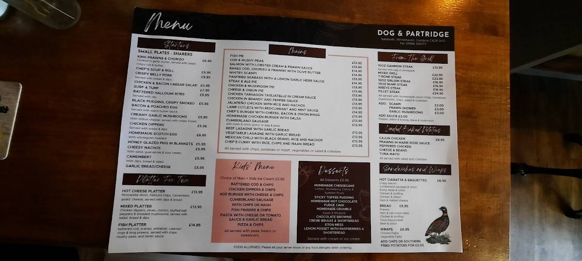 Menu at Dog & Partridge Inn pub & bar, Whitehaven, Sanwith