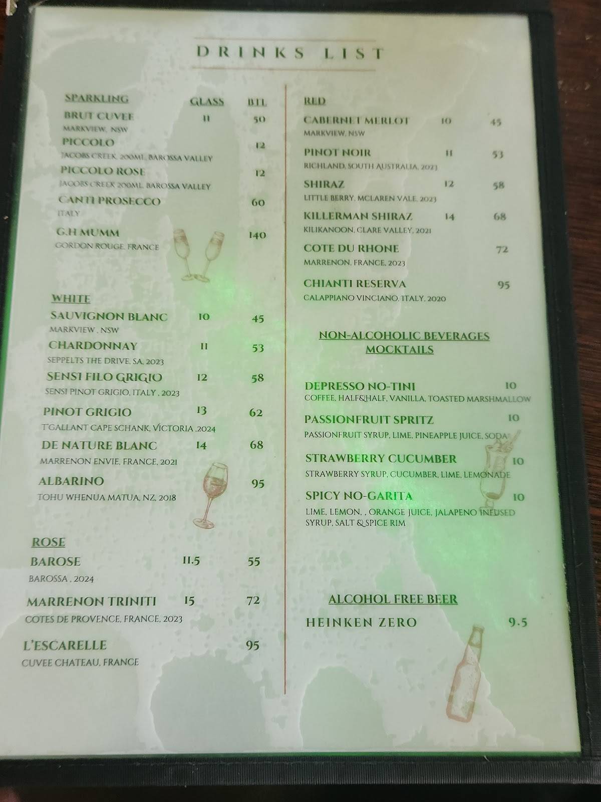 Menu at East Sydney Hotel pub & bar, Woolloomooloo