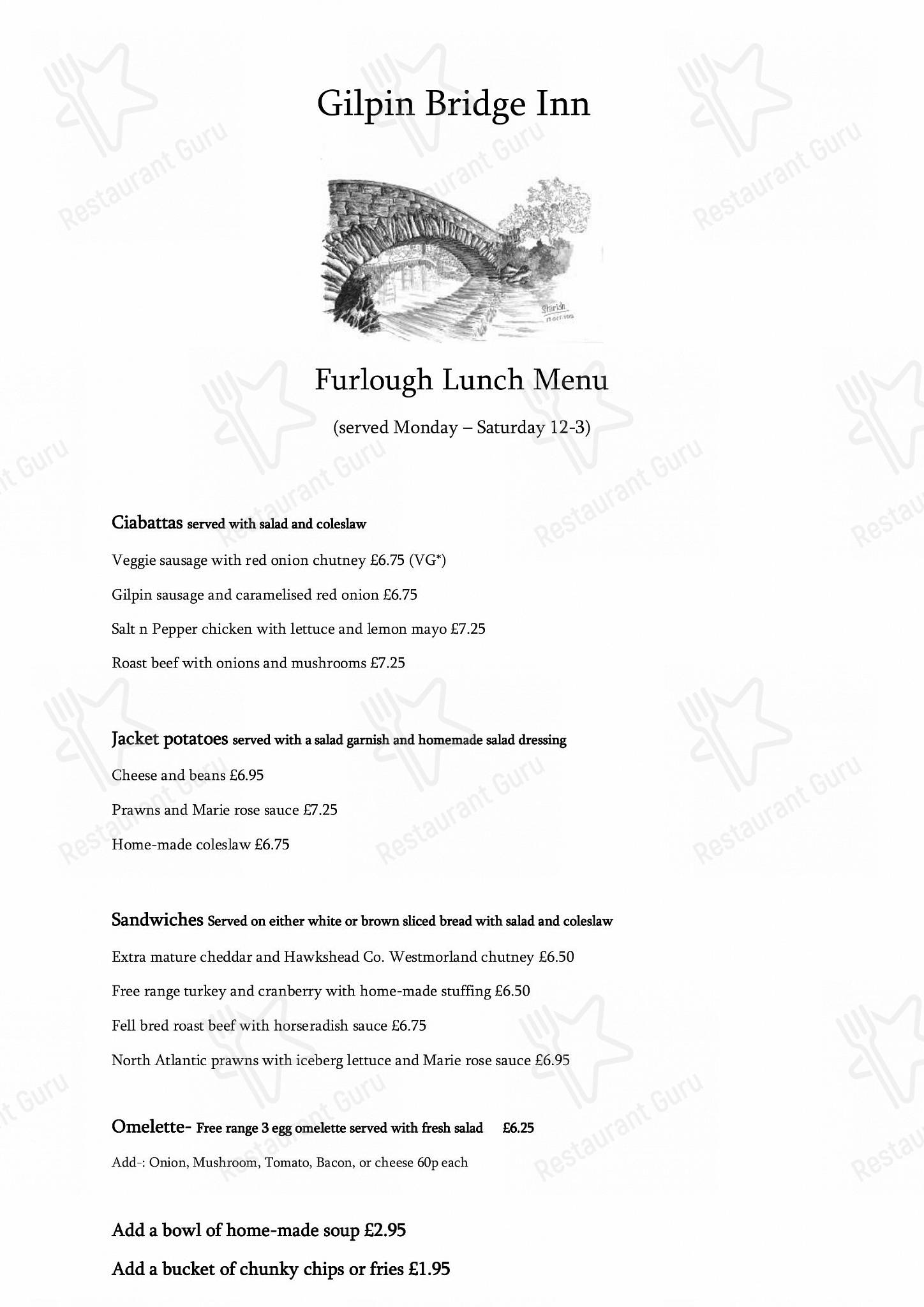 Menu at Gilpin Bridge Inn pub & bar, Levens