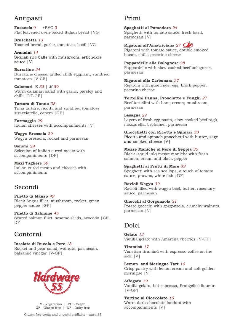 Menu at HARDWARE 55 restaurant, Melbourne