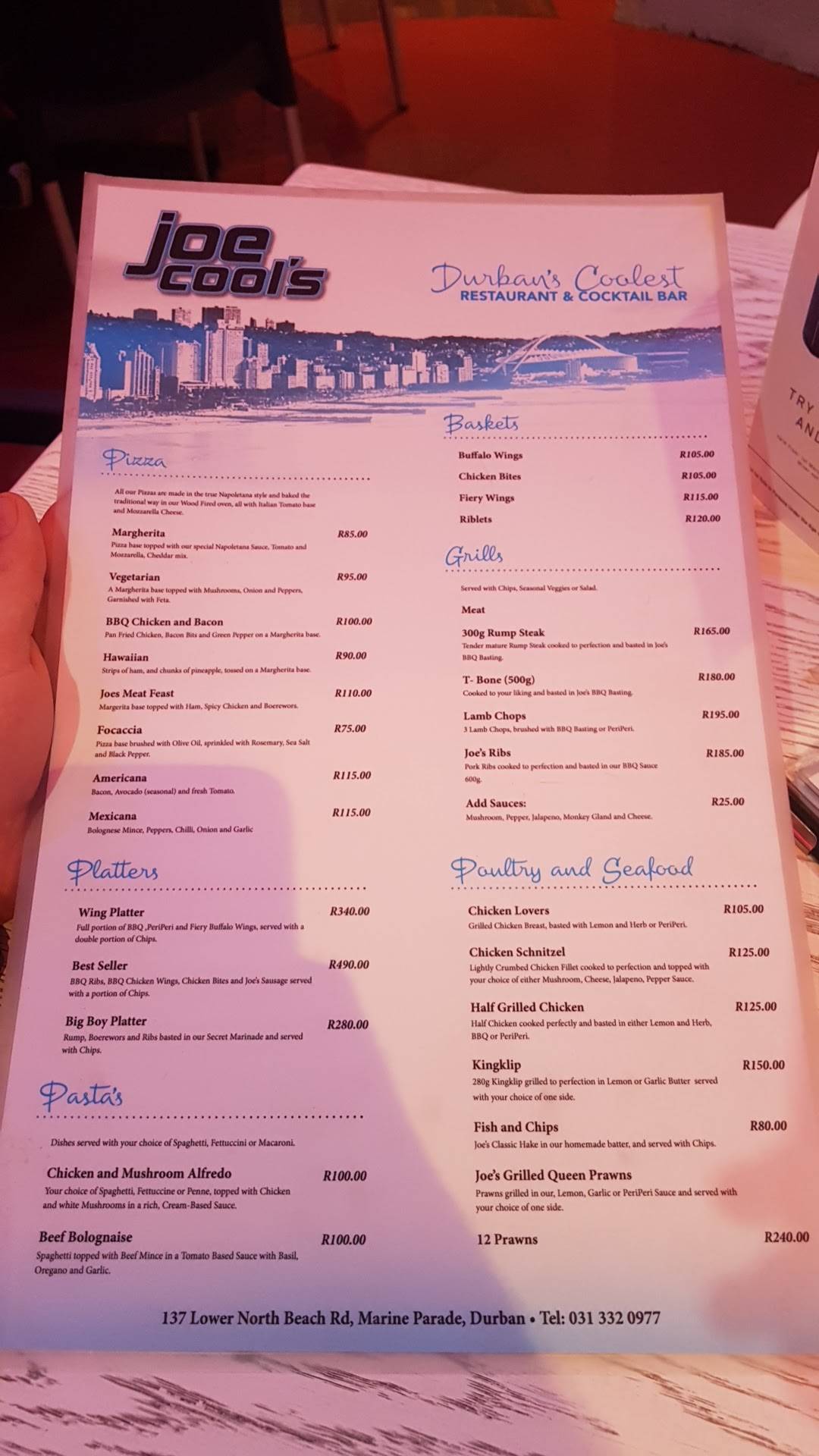 Menu at Joe Cools pub & bar, Durban