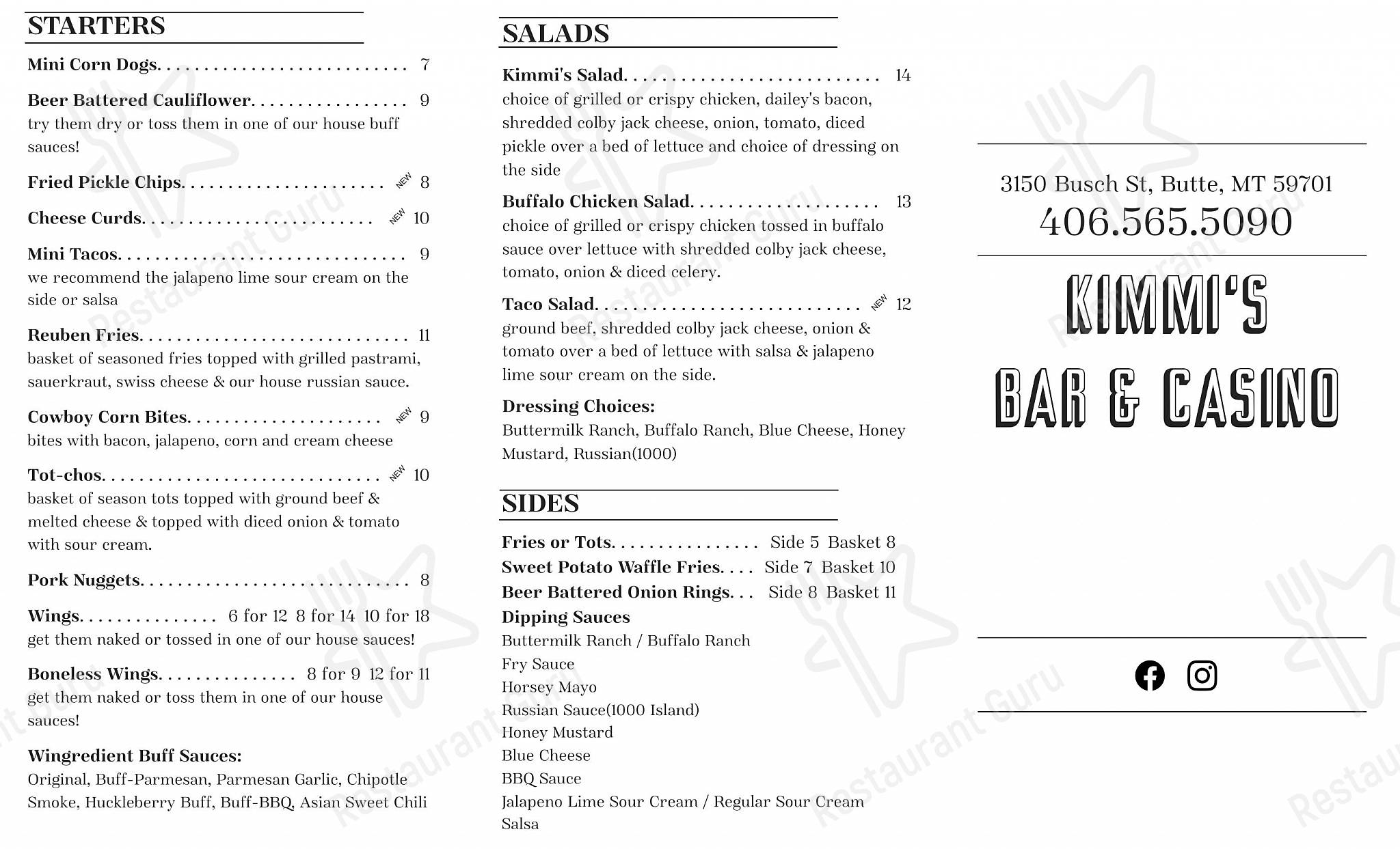 Menu at Kimmi's Bar & Casino, Butte