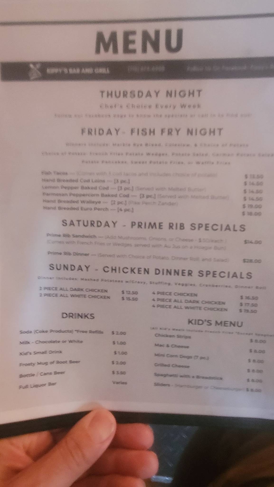 Menu at Kippy's Bar and Grill, Laona