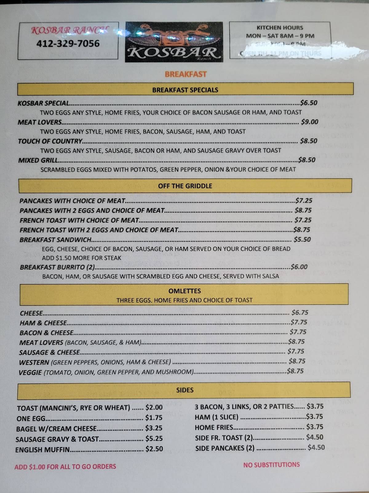 Menu at Kosbar Ranch, Coraopolis