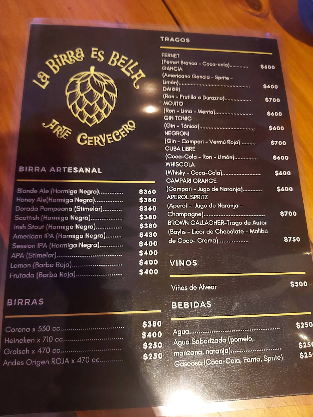 Carta del pub y bar La Birra es Bella, Isidro Casanova