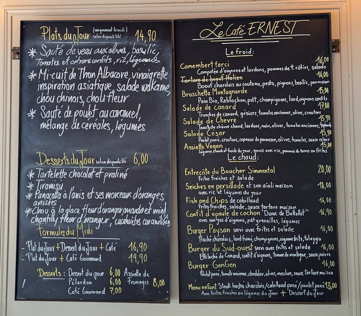 Menu at Le Café Ernest, Uzès