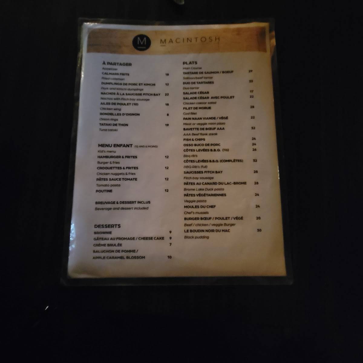Menu au Le Macintosh Pub Bromont Inc., Bromont