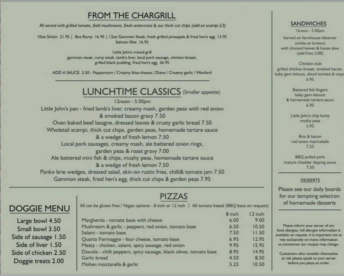 Menu at Little John Inn pub & bar, Ravenshead