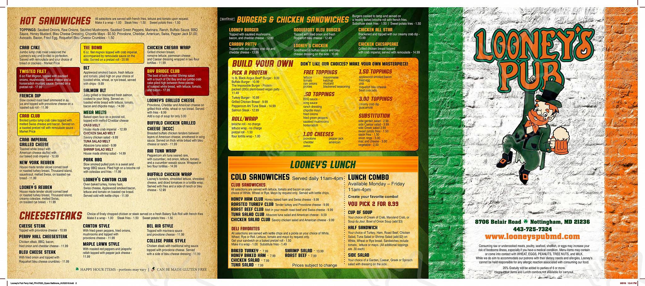 Menu at Looney’s Pub Perry Hall, Overlea, Belair Rd