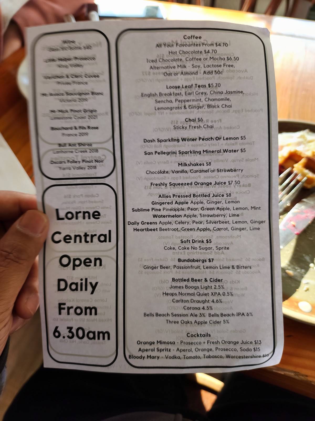 Menu at Lorne Central pub & bar, Lorne