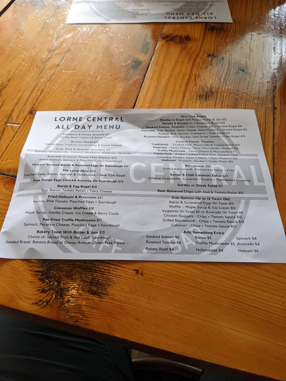 Menu at Lorne Central pub & bar, Lorne