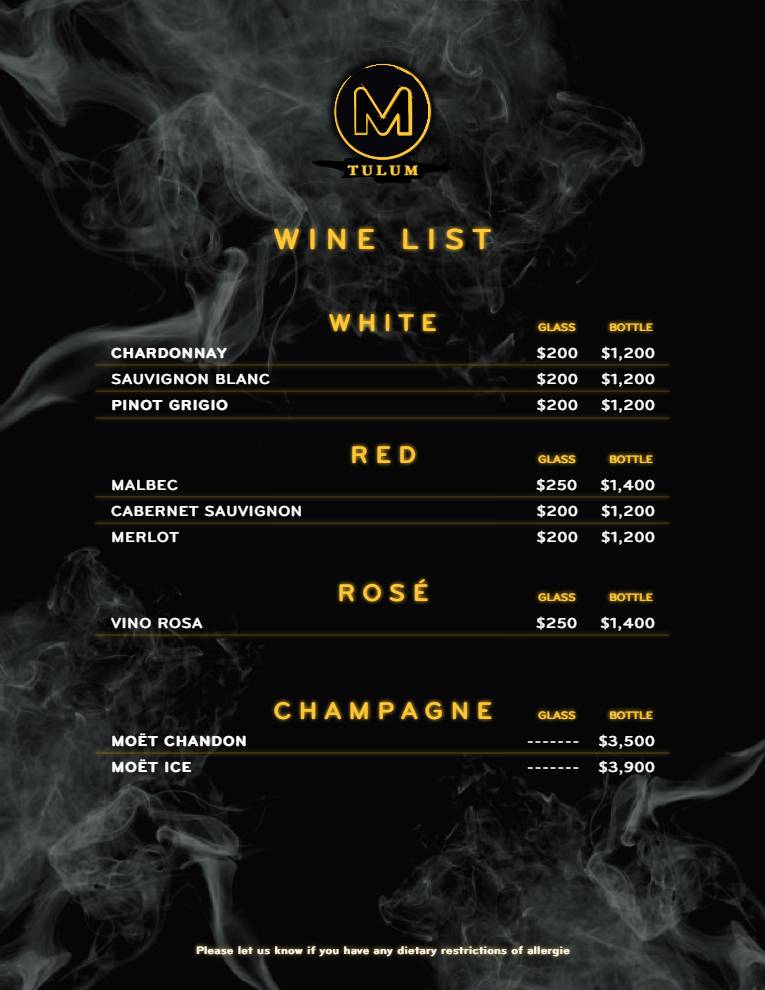 Menu at M tulum Hookah & Pool Lounge pub & bar, Tulum