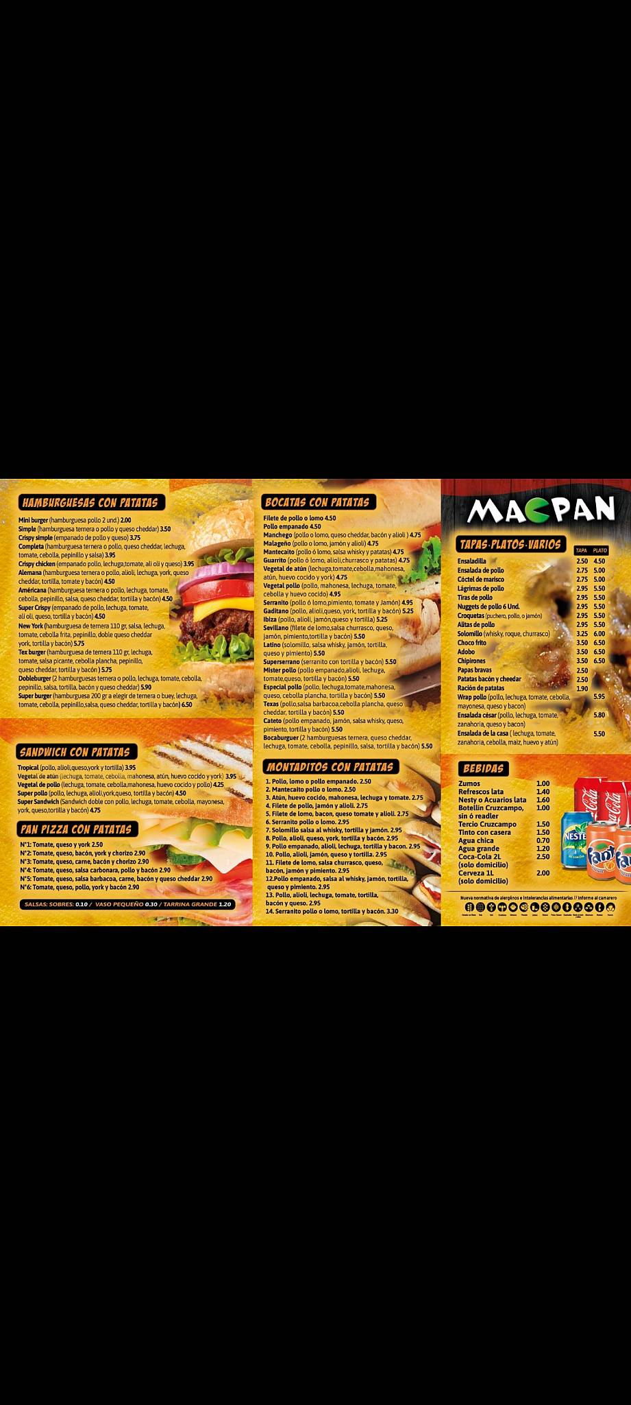 Carta del restaurante Mac Pan, Sevilla
