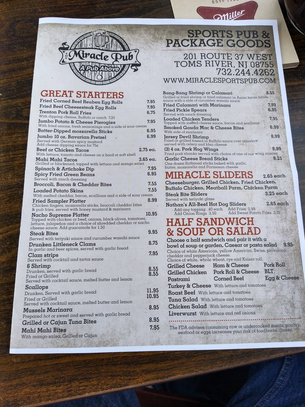 Menu at Miracle Pub, Toms River