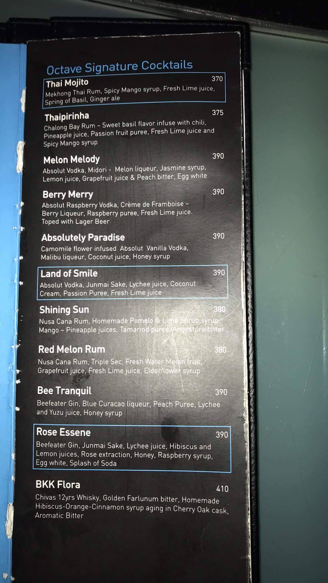 Menu at Octave Rooftop Lounge & Bar, Bangkok