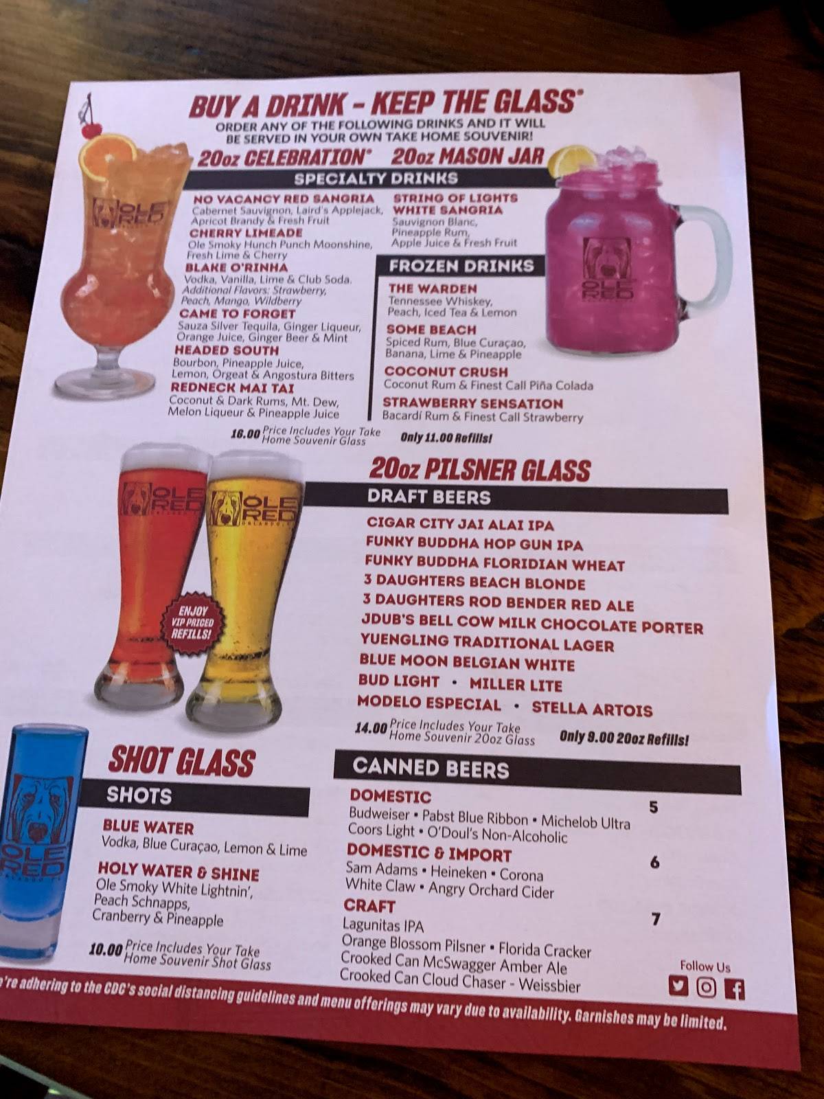 Menu at Ole Red pub & bar, Orlando