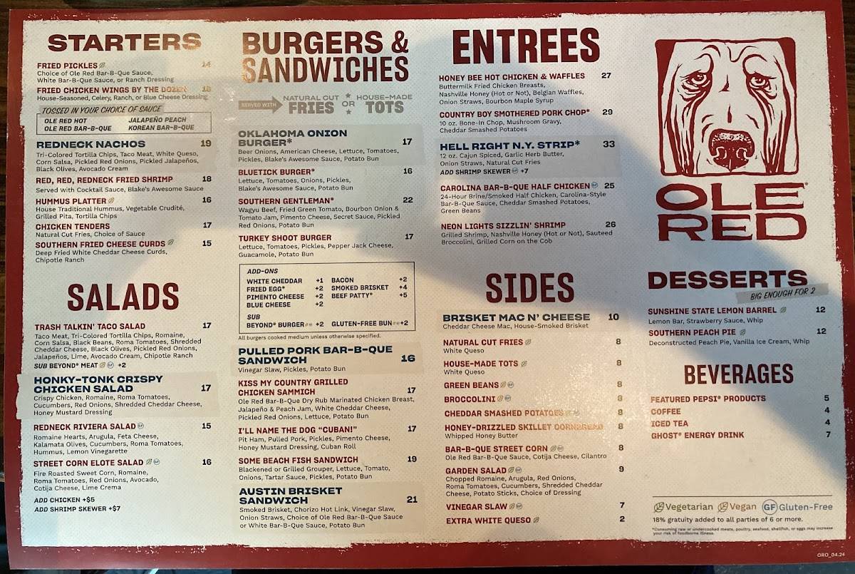 Menu at Ole Red pub & bar, Orlando