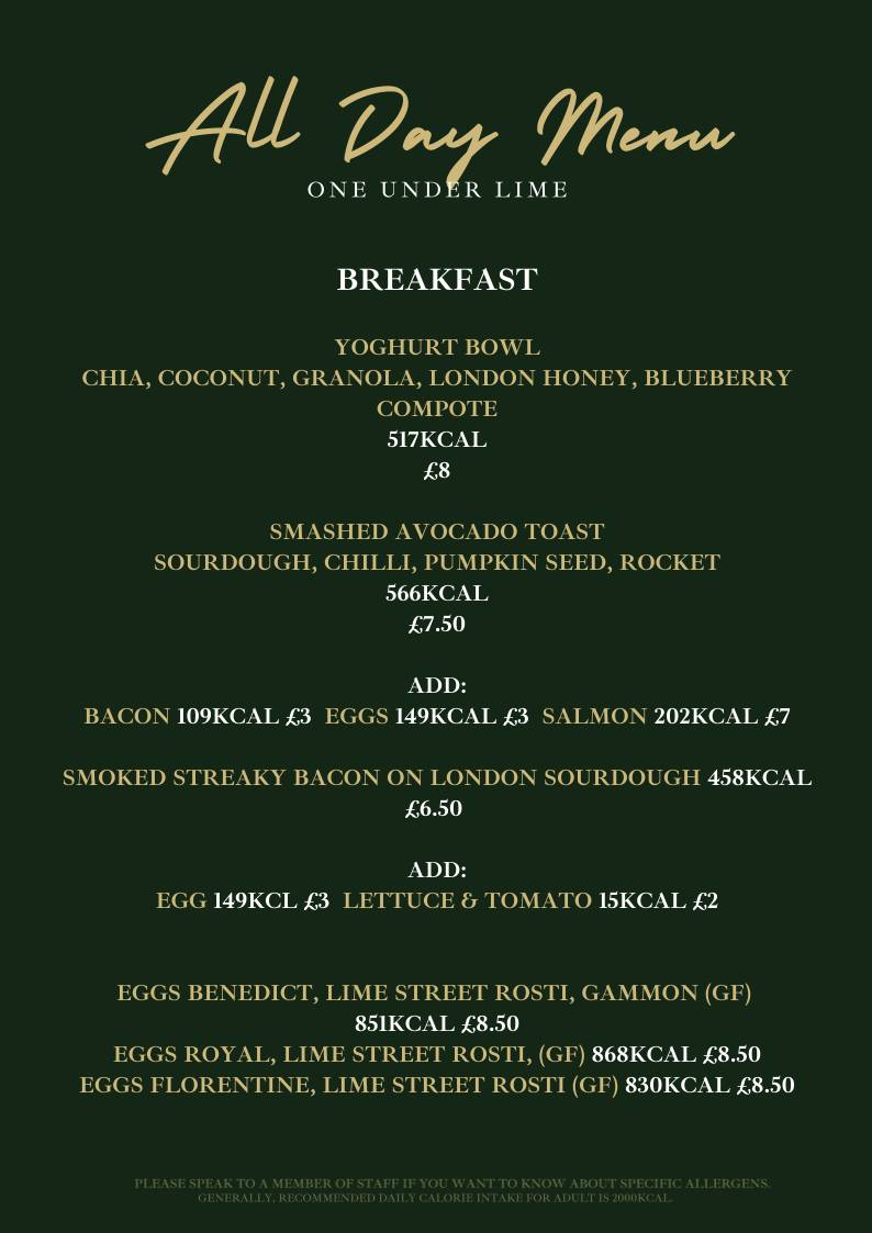 Menu at One Under Lime pub & bar, London