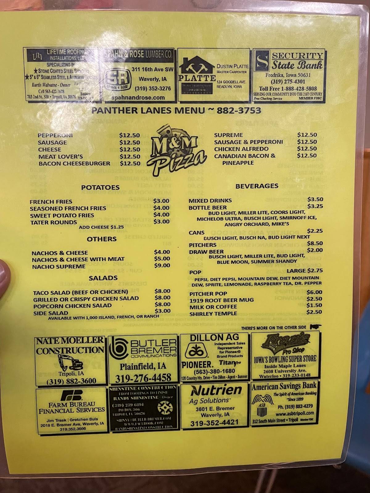 Menu at Panther Lanes pub & bar, Tripoli