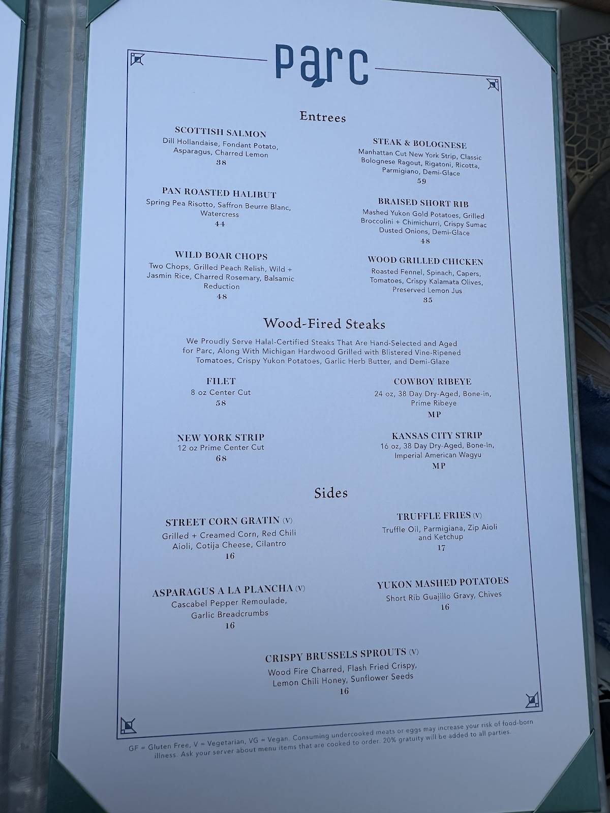 Menu at Parc pub & bar, Detroit