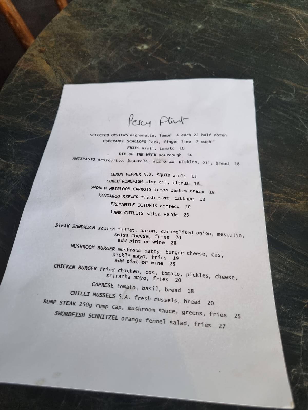 Menu at Percy Flint pub & bar, South Fremantle