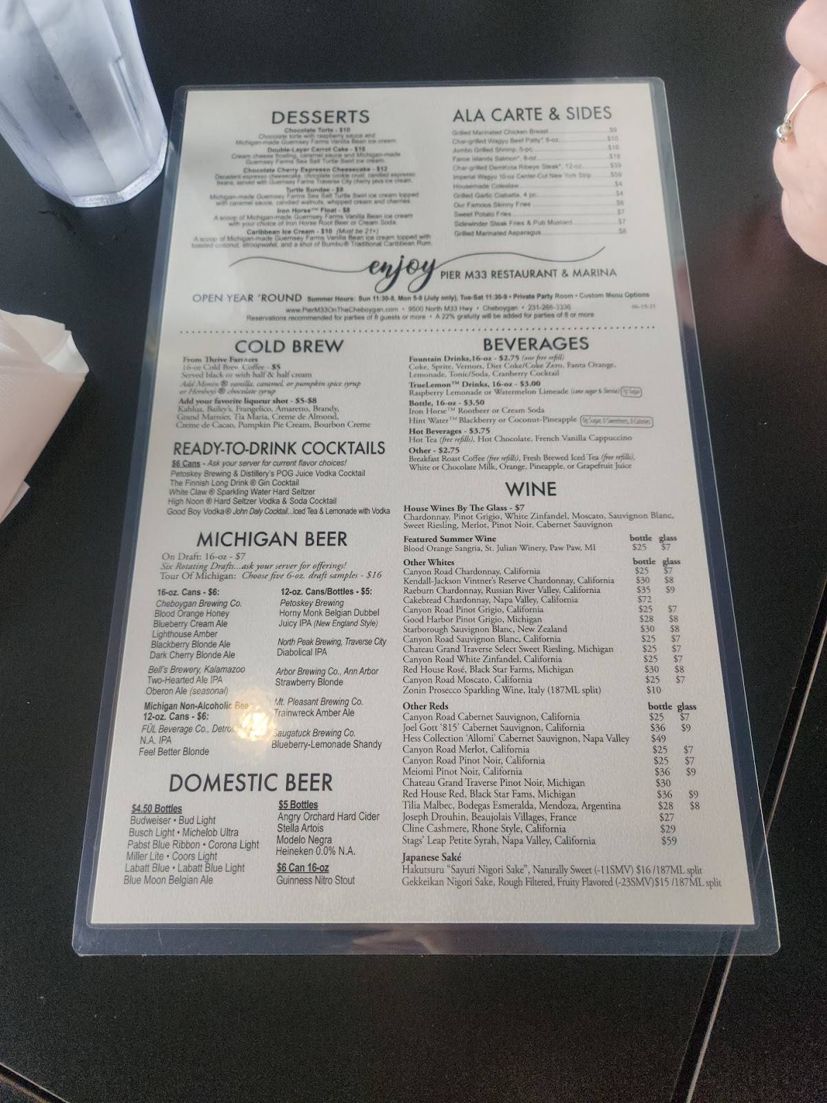 Menu at Pier M33 On The Cheboygan pub & bar, Cheboygan
