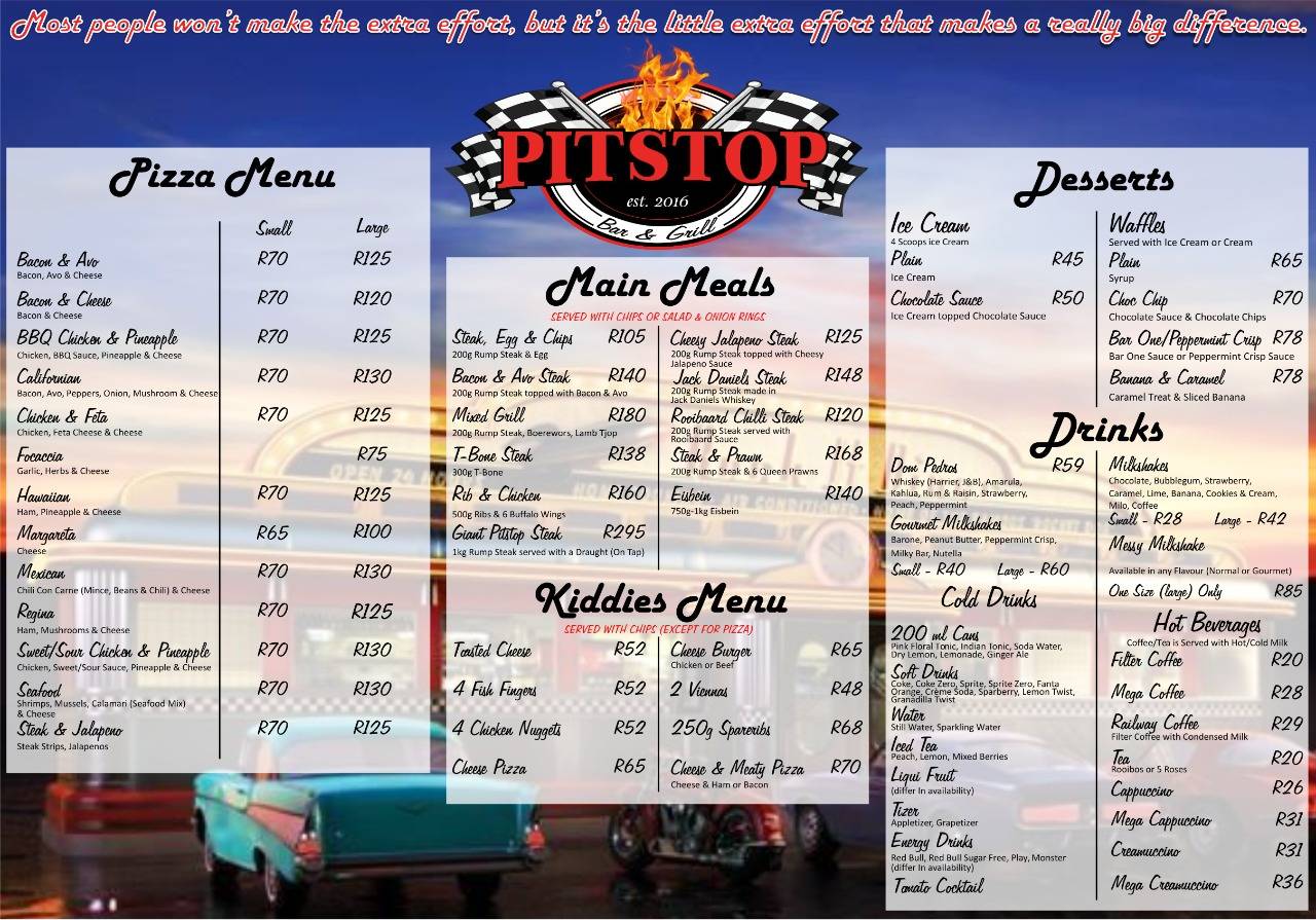 Menu at PitStop Bar & Grill, Sasolburg, Prinsloo St