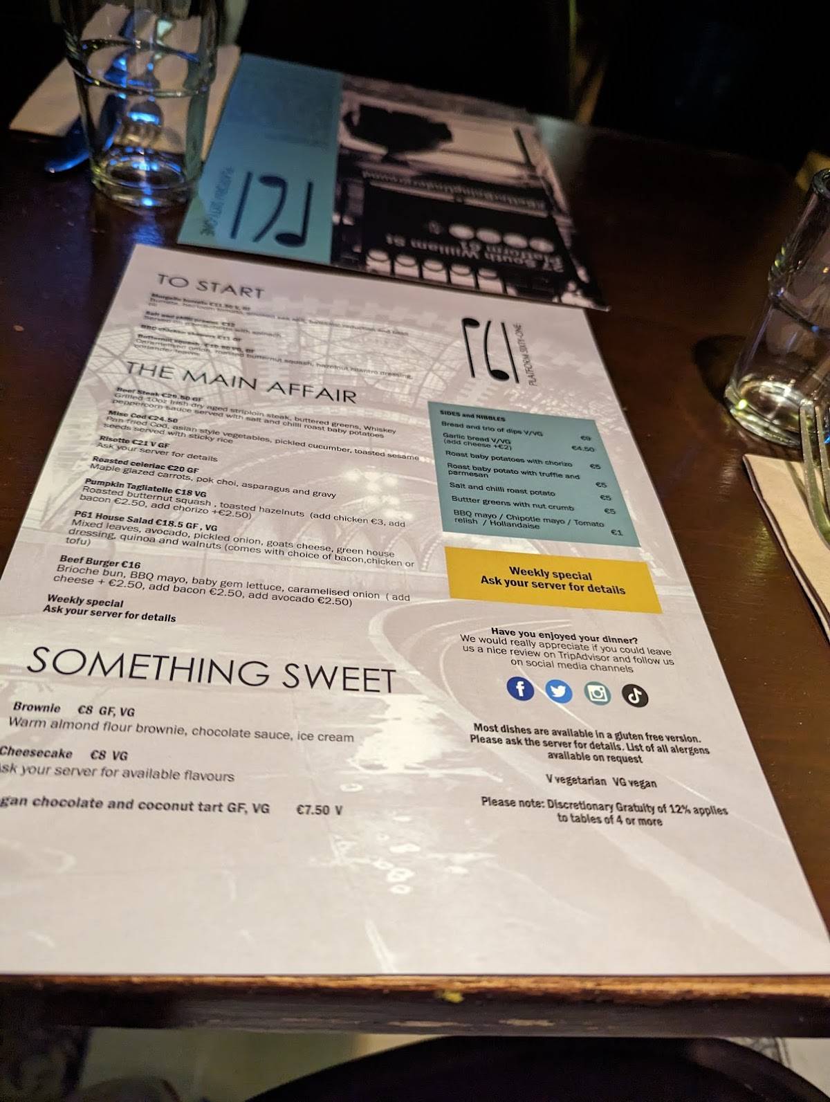 Menu at Platform 61 pub & bar, Dublin