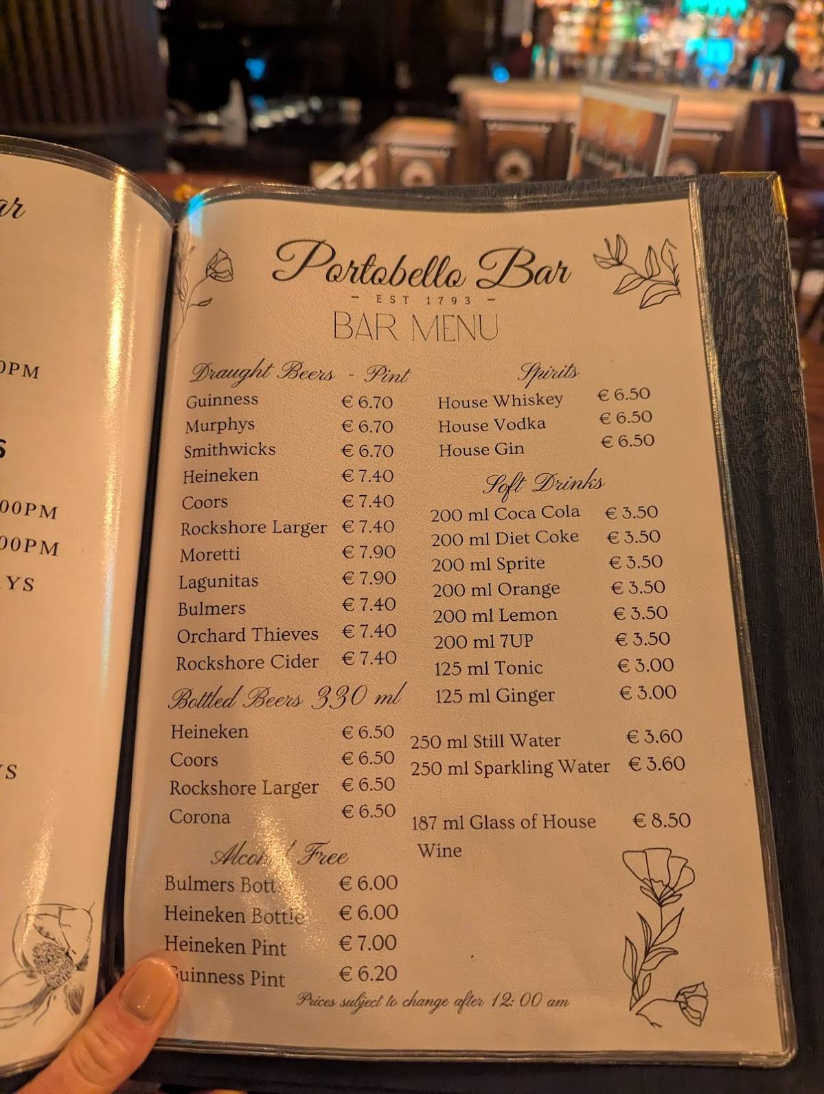 Menu at Portobello Bar, Dublin